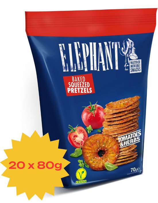 Elephant Pretzels Tomaat & Kruiden - Chips - Snacks - 20 x 80 gram | bol