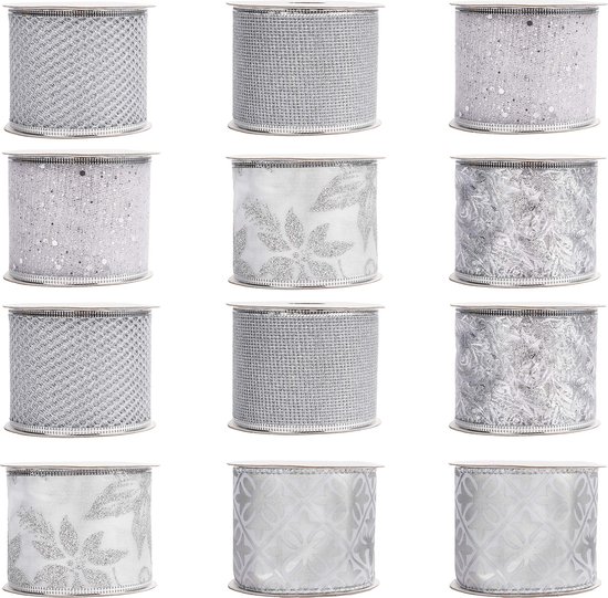 Belle Vous Kerstlint (12 stuks) - 2,7 m x 63 mm breed bedraad zilver ...