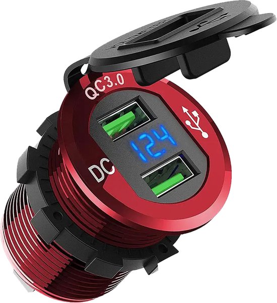 12V USB Autolader 2 Poorten Inbouw met Voltmeter - QC3.0 - USB ...
