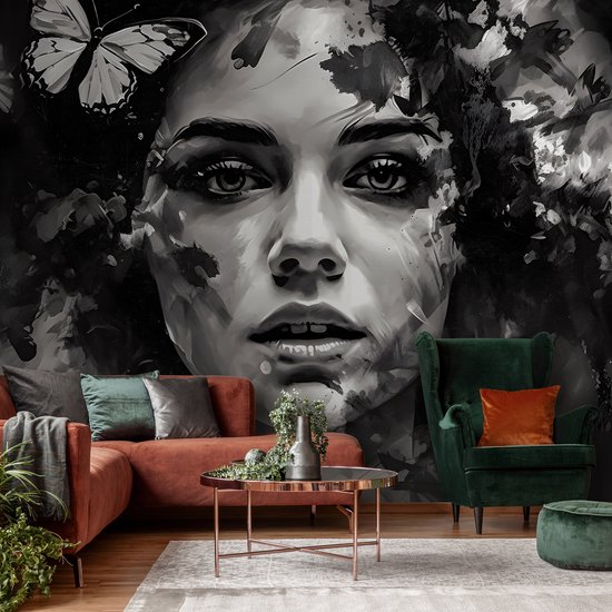 Fotobehang - Kunst - Schilderij - Vrouw - Gezicht - Vlinder - Portret - Vliesbehang-... | bol