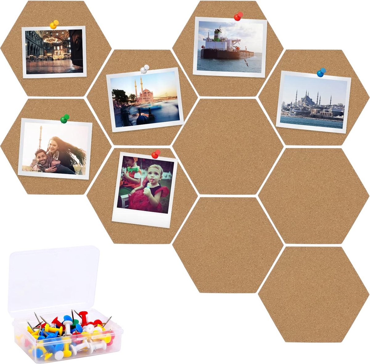 Prikbord kurk, 10 stuks, zelfklevende zeshoekige kurkplaat, doe-het ...