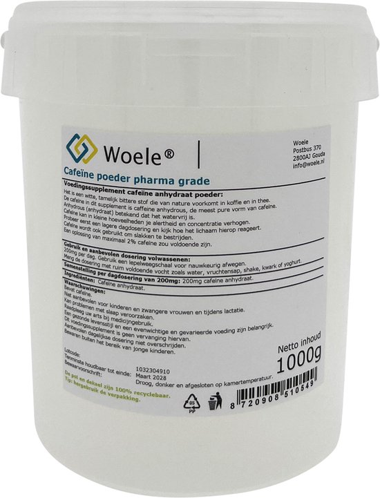 Woele Cafeïne anhydraat poeder 1kg (1000g) pharma grade caffeine ...