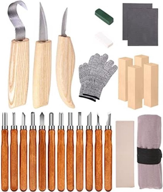 Houtsnijset - Houtsnijden - Houtsnijmes - Lepelmes - 26-delige ...