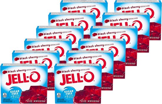Jello | Zwarte Kers Gelatine | Suikervrij | 12 Stuks | 12 x 8,5 gram | bol