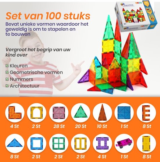 Magnetic Tiles - Magnetisch Speelgoed – 100stuks - Constructie speelgoed - Magnetische... | bol