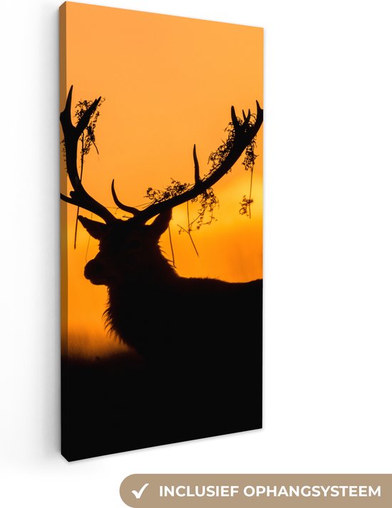 Canvas schilderij 40x80 cm - Wanddecoratie Hert - Oranje - Silhouet ...