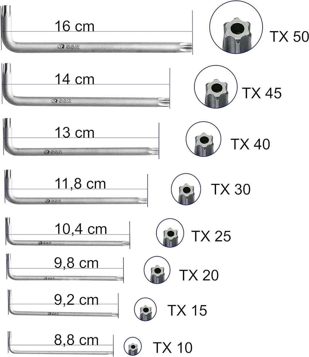 Winkelsleutelset voor Torx-schroeven, 8-delig, geboord TX10-TX50,... | bol