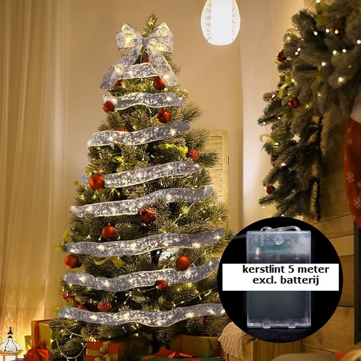 Kerstboom Lint - Zilver - 5 Meter - met Led verlichting ...