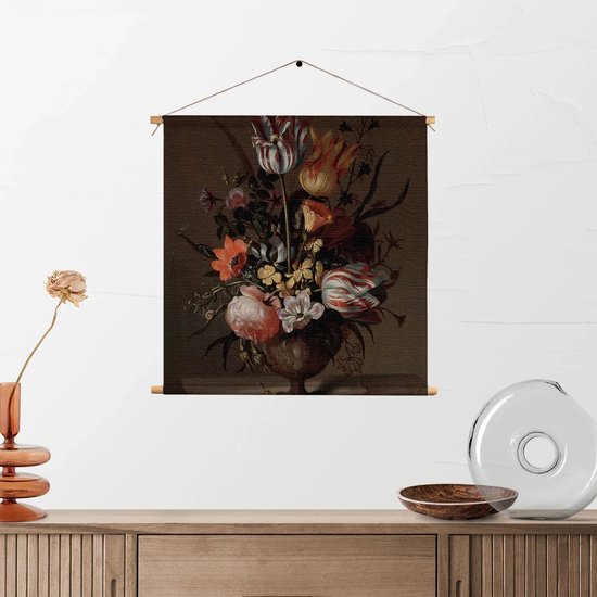 Textielposter Jacob Marrel Stilleven met bloemenvaas en dode kikvors ...