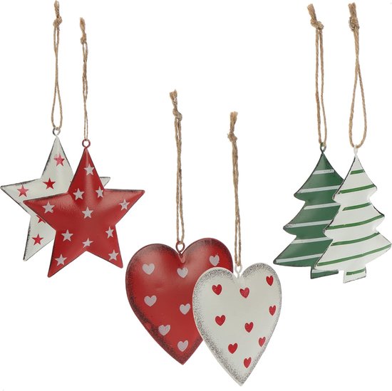 6x hangende decoraties voor kerst - kerstsymbolen van metaal om op te hangen - tinnen... | bol