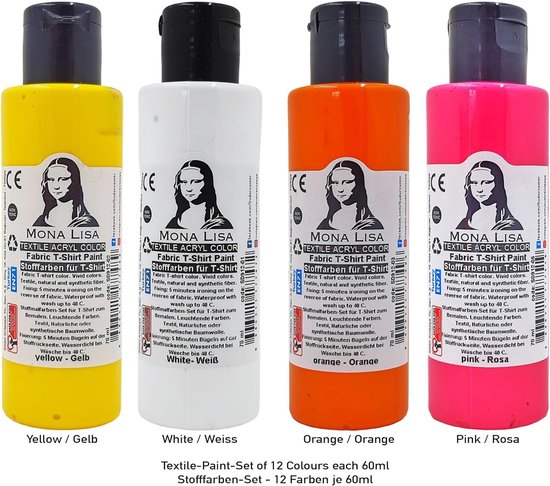 Textielverf Set van 12 levendige kleuren, elk 60 ml. Wasbare ...