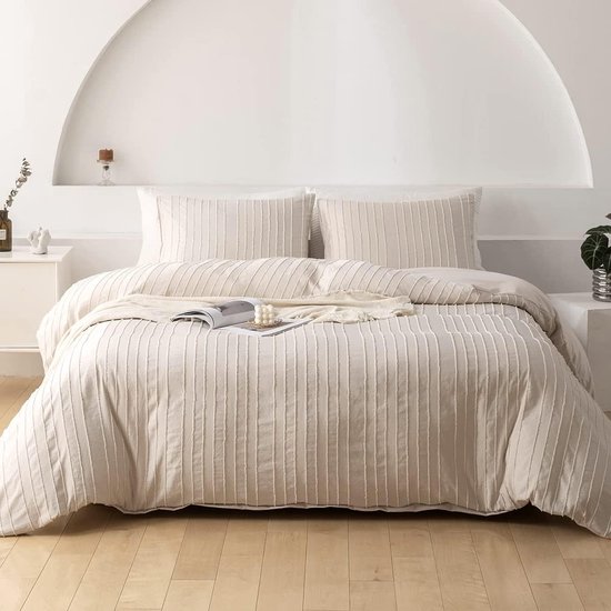 Beige beddengoed, 135 x 200 cm, boho, getuft, gestreept, omkeerbaar ...