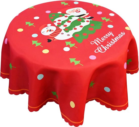 Rond tafelkleed, kersttafelkleed, met kerstmotief, sneeuwpop-kerstboom ...