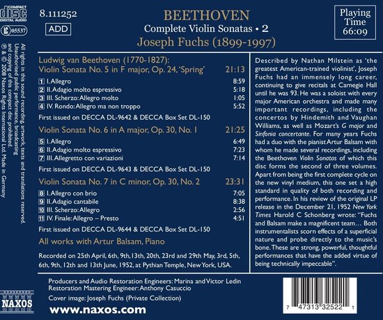 Joseph Fuchs & Artur Balsam - Beethoven: Complete Violin Sonatas 2 (CD ...