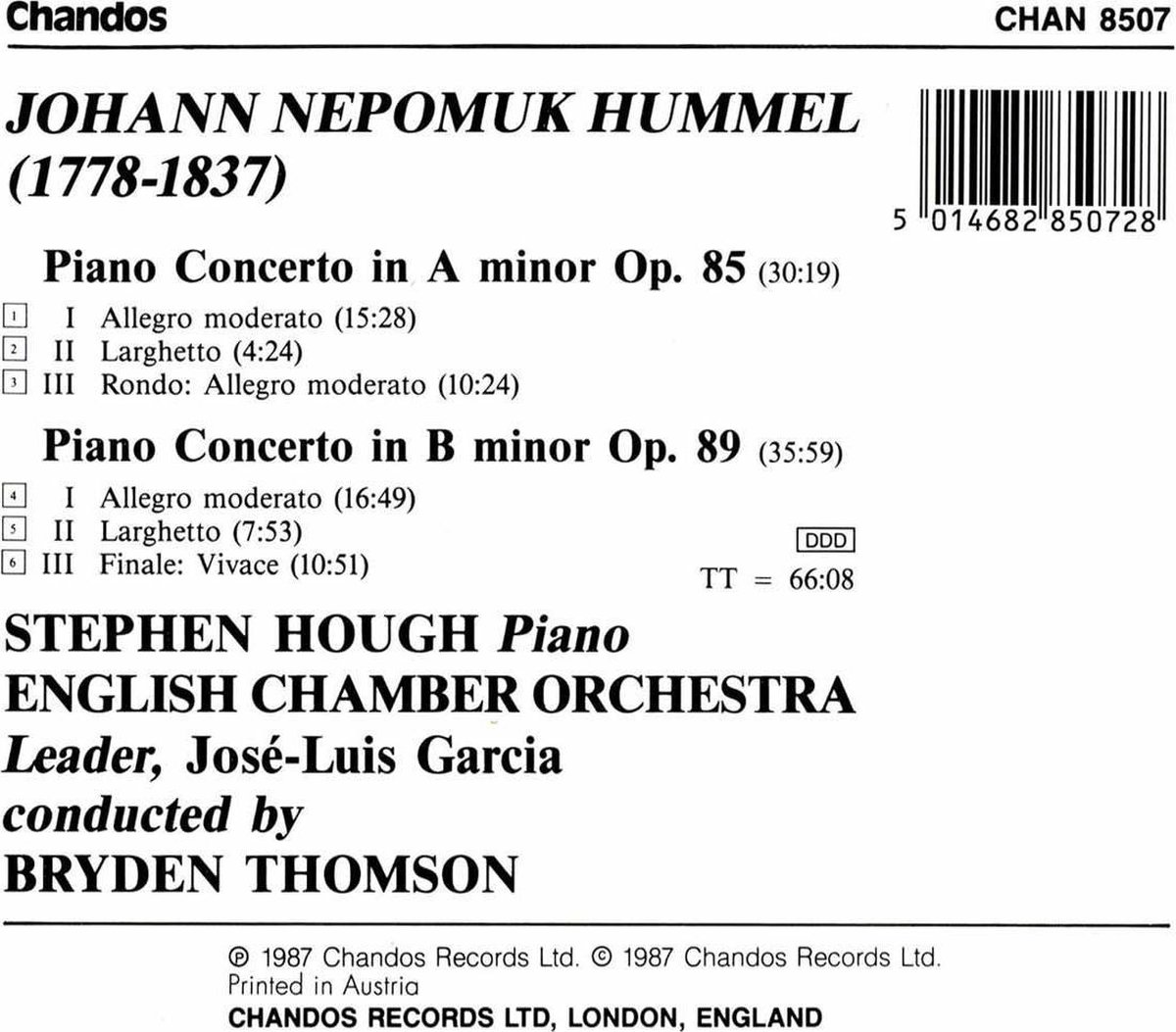 Hummel: Piano Concertos Opp 89 & 85 / Hough, Thomson, English Chamber ...