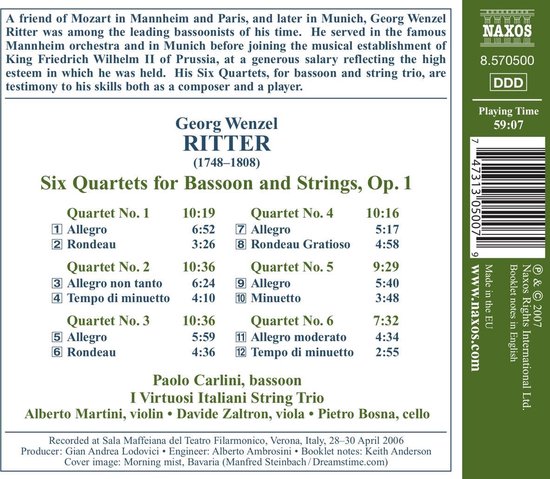 Paolo Carlini, I Virtuosi Italian String Trio - Ritter: Six Quartets For Bassoon &... | bol