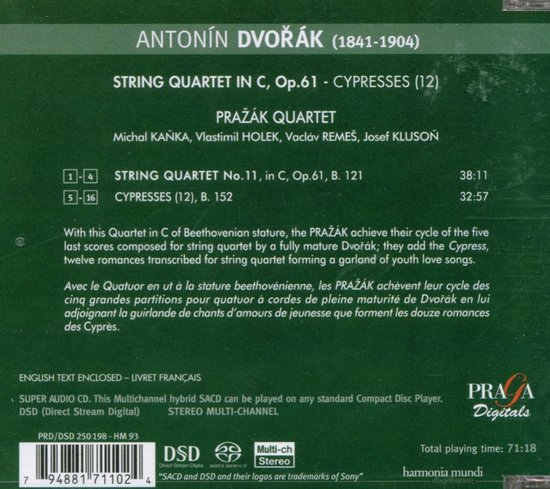 Dvorák: String Quartet No. 11 in C, Op. 61; Cypresses, Prazak Quartet | Muziek | bol