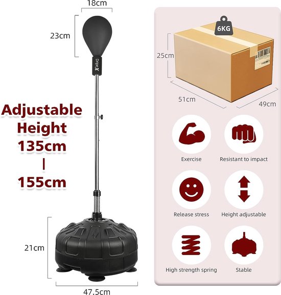 Fitness bokszak, boksbal, bokstraining, in hoogte verstelbaar, standbox ...