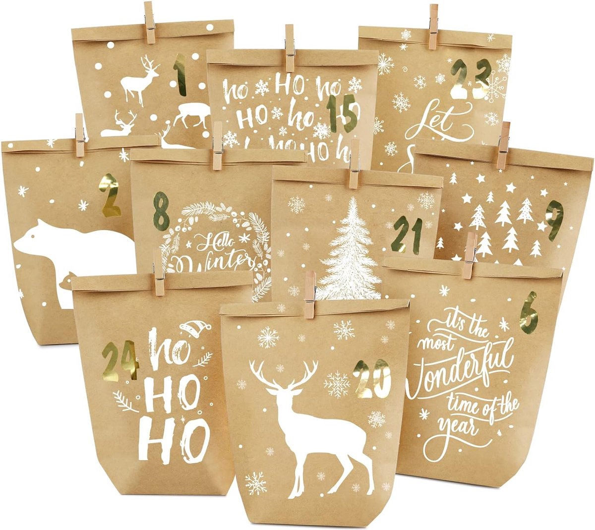 Adventskalender zakjes om te vullen, kerstkalender, papieren zakjes om ...
