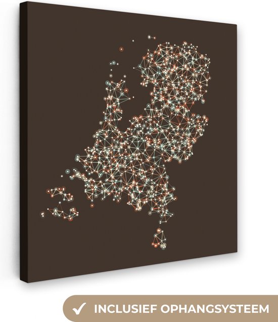 Canvas Schilderij Netwerk mesh kaart van Nederland - 90x90 cm ...