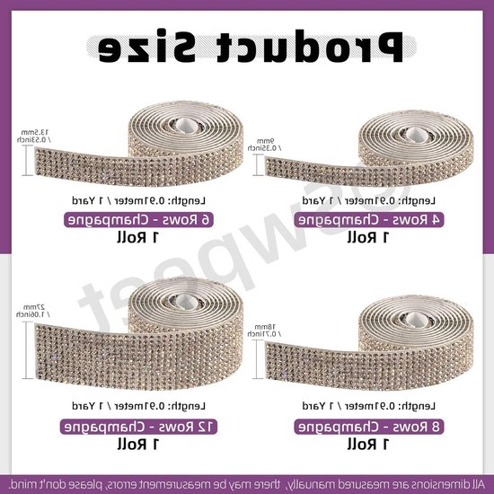 4 Rollen Zelfklevende Rhinestone Ribbons in 4 Maten, Champagne Kleur ...