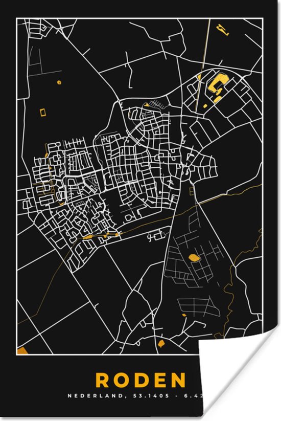 Poster Roden - Stadskaart - Black and Gold - Kaart - Plattegrond ...