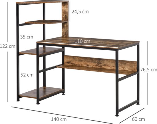 HOMCOM Bureau PC-tafel met 4 schappen computertafel verstelbaar metaal ...