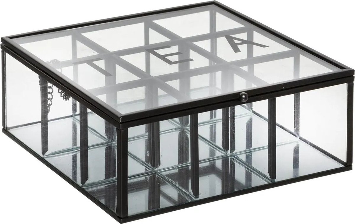 Theedoos/theekist industrieel zwart 9-vaks 18,5 x 17,5 cm van glas ...