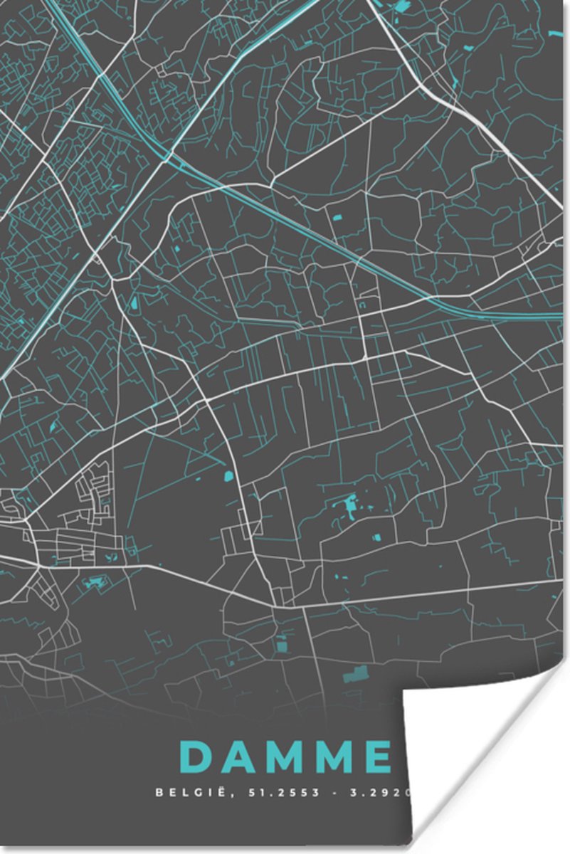 Poster Kaart – Plattegrond – Stadskaart – Damme – België - Grijs ...
