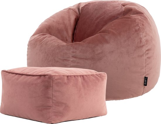icon - Kingston Zitzak Fauteuil met Poef - Velours - Oud roze | bol
