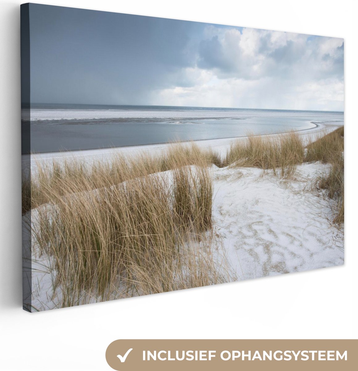 Canvas Schilderij Noordzee - Duinen - Water - 90x60 cm - Wanddecoratie | bol