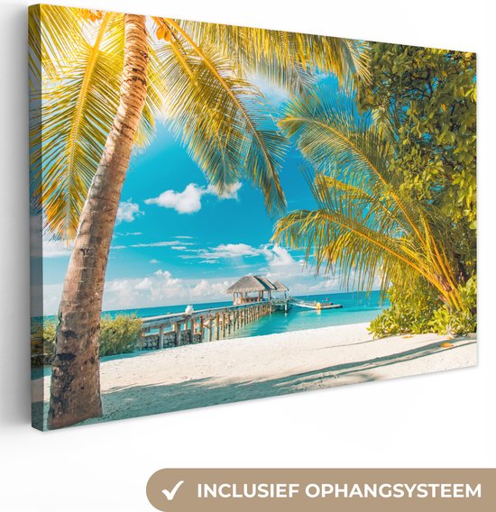 Canvas schilderij 140x90 cm - Wanddecoratie Strand - Palmboom - Zee - Muurdecoratie... | bol