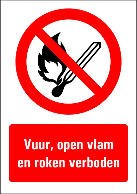 Vuur, open vlam en roken verboden tekststicker 297 x 210 mm (A4) | bol