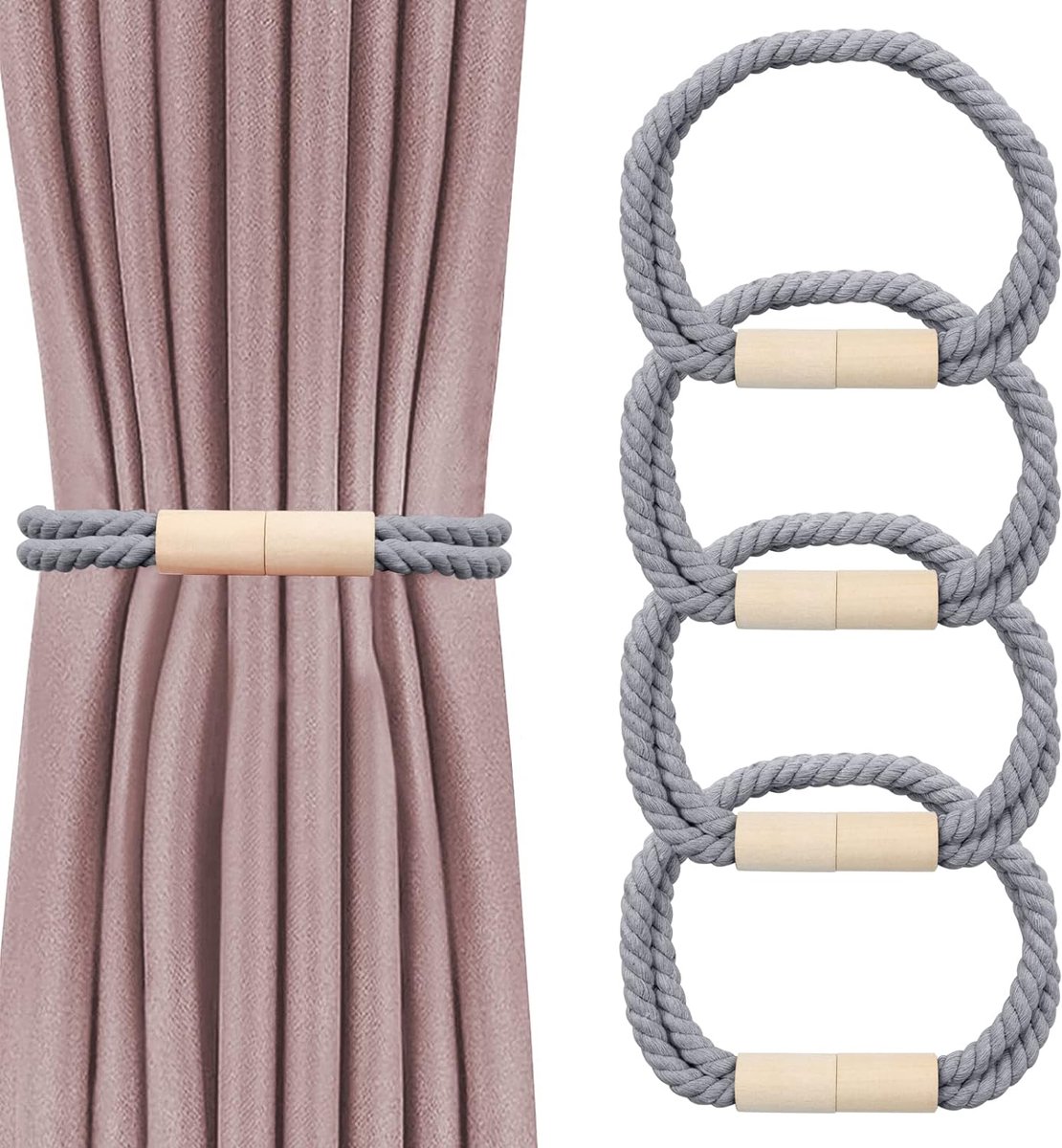 Pakket van 4 magnetische gordijnkoorden, grijze koorden voor gordijnen ...