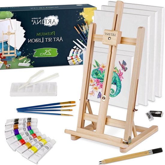Schilderset 25-delig - Compleet met ezel, doeken, verf en penselen | bol