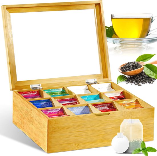 Candala Theedoos, houten theedoos met 12 vakken en kijkvenster ...