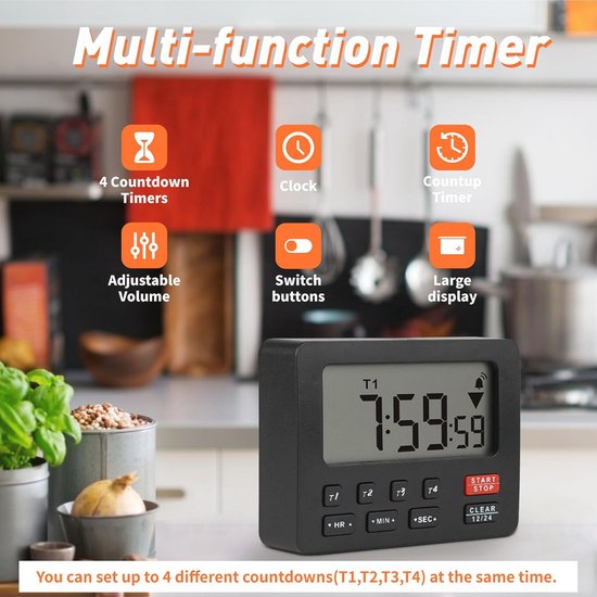 Digitale Keukentimer met 4 Countdown Stopwatches - Instelbare Alarmen en Magnetische... | bol