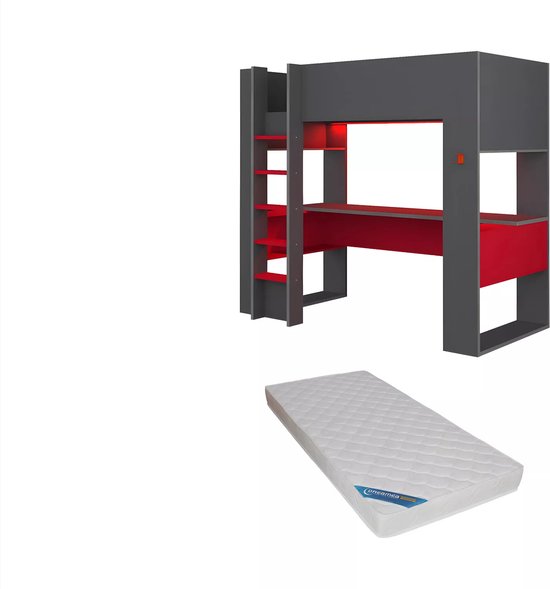 Vente-unique Hoogslaper NOAH - Gamer bed met bureau - Antracietgrijs ...