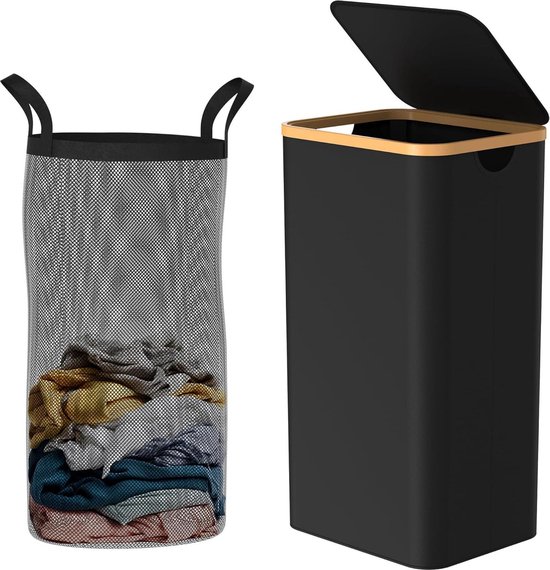 Slanke wasmand met deksel - 100 liter - zwart - stijlvolle mand | bol