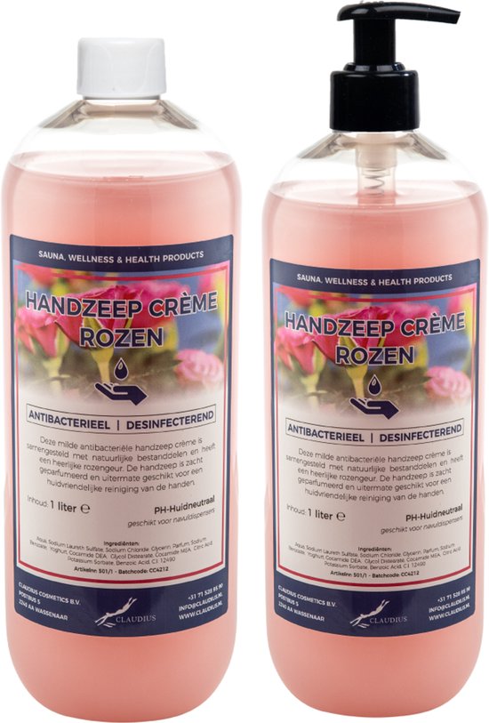 Handzeep Creme Rozen 1 liter - met gratis pompje - set van 2 stuks | bol