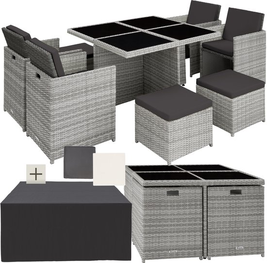 tectake® Loungemeubelset - Wicker tuinset - 4 stoelen, 4 krukken en 1 ...