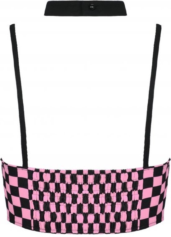 Dark in Love Crop top -S- Rebel racer black pink plaid halter Zwart ...