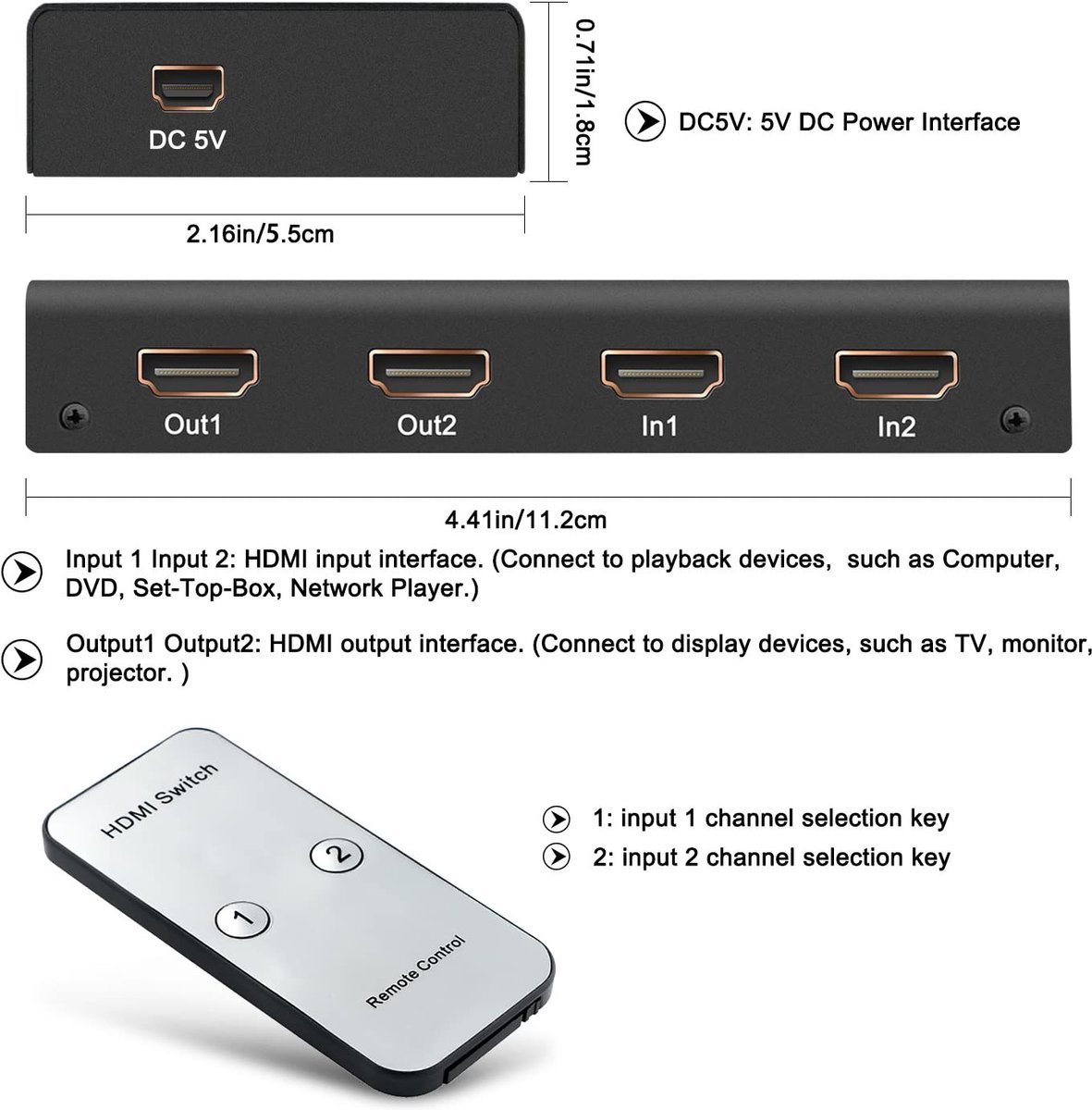 2x2 HDMI-splitter/switcher, HDMI-schakelkast/HDMI-splitter met IR ...