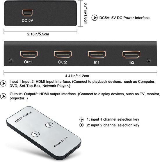 2x2 HDMI-splitter/switcher, HDMI-schakelkast/HDMI-splitter met IR-afstandsbediening en... | bol.com