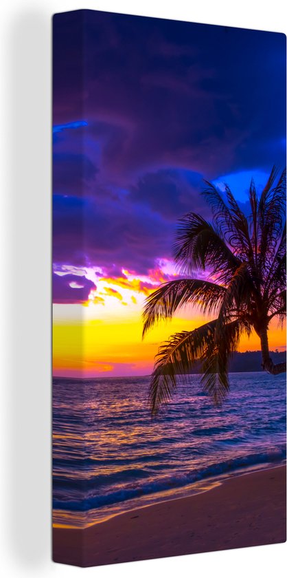 Canvas schilderij - Zonsondergang - Paars - Zee - Palmboom - Schilderijen op canvas -... | bol