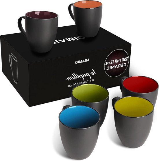 6 x 350ml Pottery Coffee Mugs - Black Exterior - Colorful Inside ...