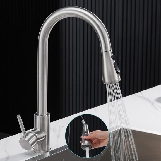 Uittrekbare keukenkraan met hoge druk en sproeier - 3 modi - 360° draaibare uitloop -... | bol