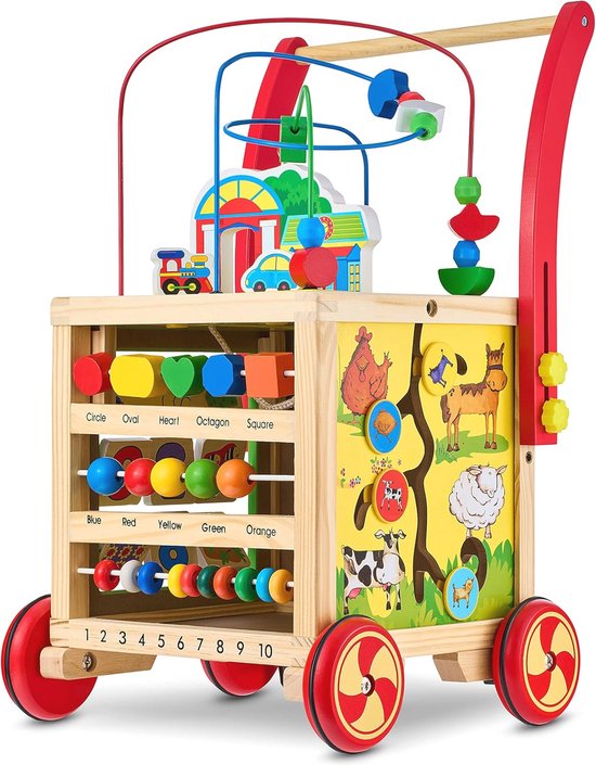 Houten 2-in-1 Baby Rollator met Rem en Motorisch Speelgoed voor ...