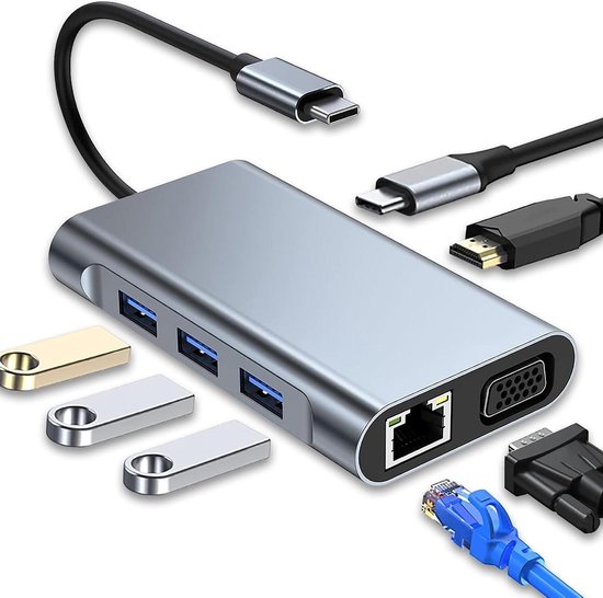 Multiport USB C Adapter 7 in 1 met 4K HDMI VGA USB 3.0 100W PD RJ45 ...
