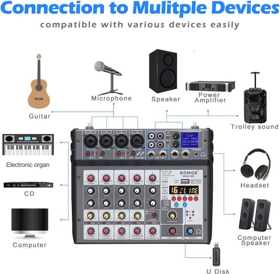 6-kanaals DJ-mengpaneel met Draadloze Microfoon, USB, Bluetooth ...